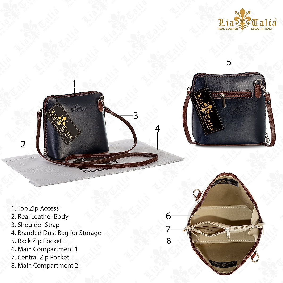 LiaTalia Genuine Vera Pelle Women Cross body Italian Leather Small Mini Shoulder Bag Handbag - ABBY [Navy Blue]