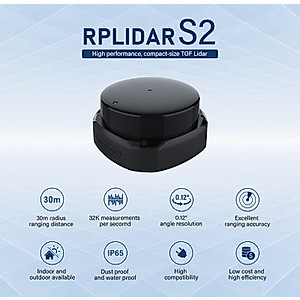 youyeetoo RPLIDAR S2 Lidar Sensor Scanner, 30 Meter (98ft) 360° DTOF Laser Range, 32000 Sample Rate, IP65 Support Indoor Outdoor Robot