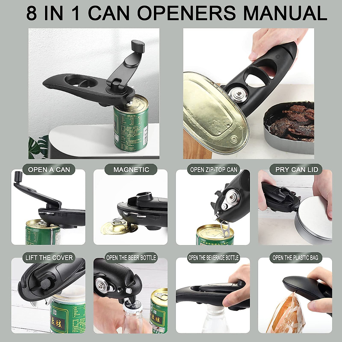 8 in 1 Can Opener Manual with Magnet, Handheld Can Opener with Long handle rotating rod, very Effort-Saving, Can easily open various cans, Suitable for outdoor camping and a gift for the elderly.