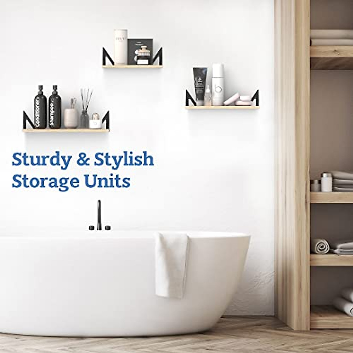 Halter Wall Book Shelves for Bedroom, Small Wall Shelf, Mounted Floating Wall Shelving, Hanging Shelves with Angle Brackets, Wall Shelves for Bedroom, Bathroom, Kitchen, Light Brown,Set of 3