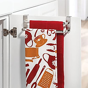 mDesign Over-Door Cabinet Towel Holder - Kitchen Cabinet Double Towel Bar Rack - Over Cabinet Towel Bar Hanger for Hand, Dish, and Tea Towels - 9.84" Wide - Spira Collection - Brushed Nickel