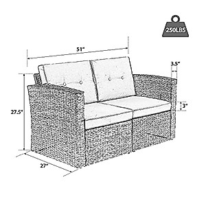 SUNVIVI OUTDOOR Outdoor Patio Loveseat, 2 Piece Brown Wicker Rattan Outdoor Furniture Couch Sofa with Non-Slip Grey Cushions,Outdoor Loveseat Sofa Chair Furniture