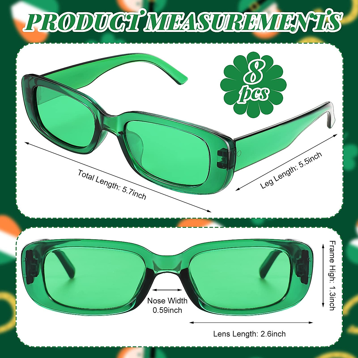 8 Pairs St Patrick's Day Green Sunglasses Rectangle Sunglasses Irish Retro Sunglasses Vintage Square Sunglasses for Men Women St Patrick's Day Party Favor Gift Supplies