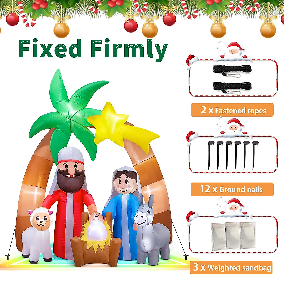 COOBILY 8FT Christmas Inflatables Decorations Nativity Scene, Bright LED Lights Jesus Blow up Christmas Decorations with Star of Bethlehem Archway for Indoor Outdoor Christmas Yard Decor, Brown