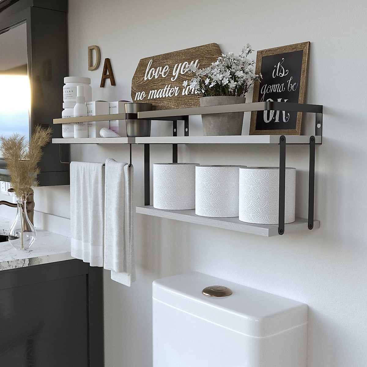 RICHER HOUSE 2+1 Tier Wall Mounted Floating Shelves Set of 2, Rustic Wood Wall Shelf with Metal Frame, Extra Storage Rack for Bathroom, Kitchen, Bedroom with Tissue Rack & Towel Bar - White