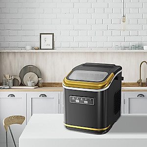 Ice Maker Countertop ZAFRO, Self-Cleaning Ice Machine with Ice Scoop and Basket, 26.5lbs/24h, 2 Sizes of Bullet Ice Cube, Black-Gold, Ideal for Home, Kitchen, Party, Dormitory.