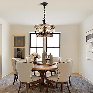 Dawn Whisper Farmhouse Chandelier, 15.7" Rustic Drum Chandelier Light Fixture over Table, 5-Light Candle Wood Chandelier for Dining Room, Kitchen