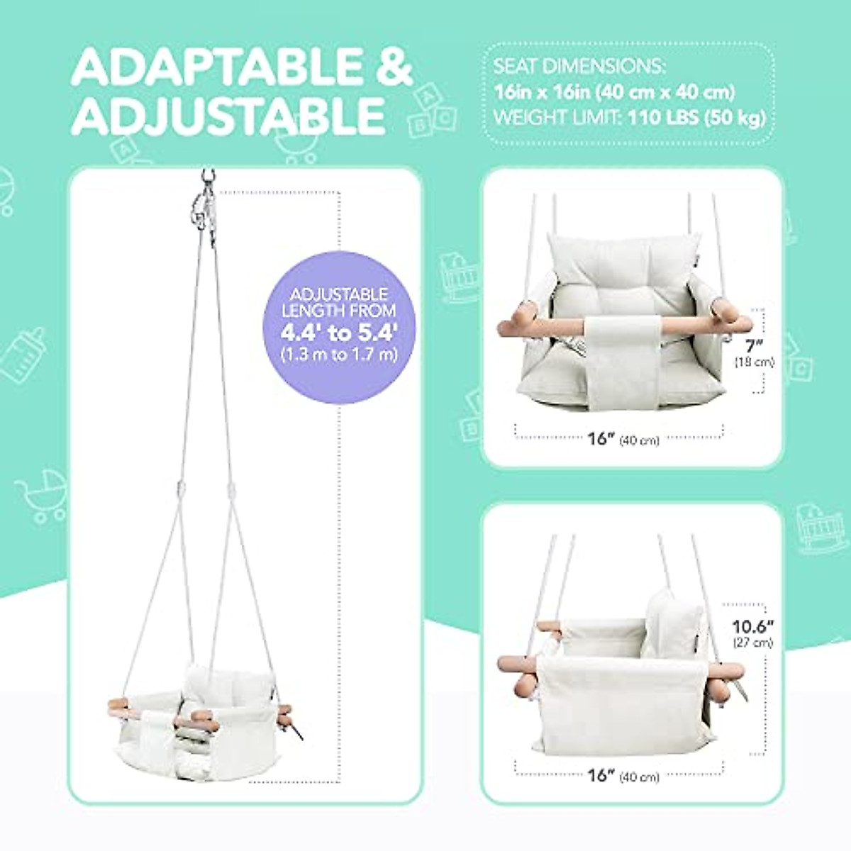 CaTeam - Canvas Baby Swing, Wooden Hanging Swing Seat Chair with Safety Belt, Durable Baby Swing Chair, Outdoor and Indoor Swing for Kids, Mounting Hardware Included, Ivory