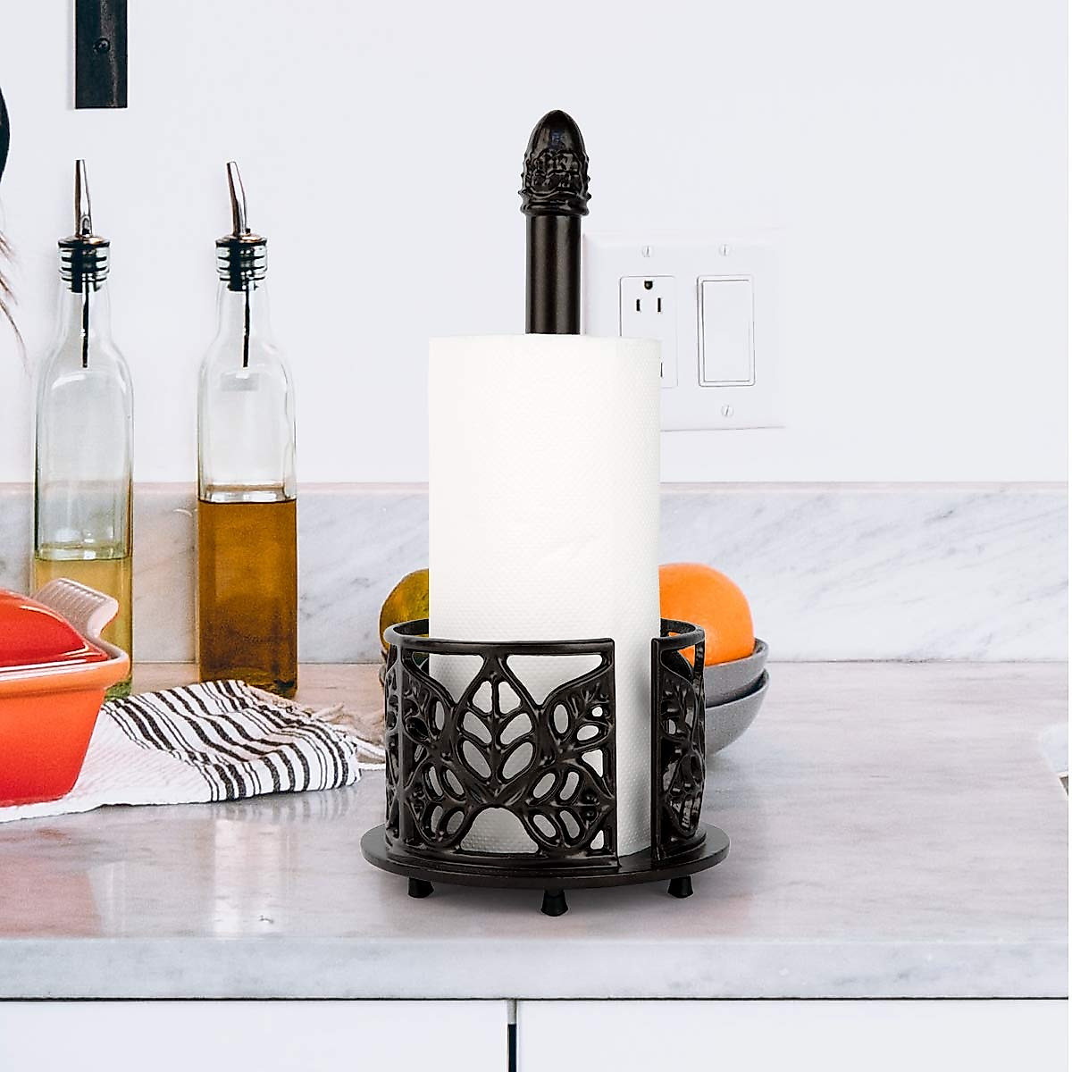 MEIGUI Cast Iron Paper Towel Holder Stand Roll Dispenser Stand for Kitchen Countertop & Dining Room Table, Coffe Gold