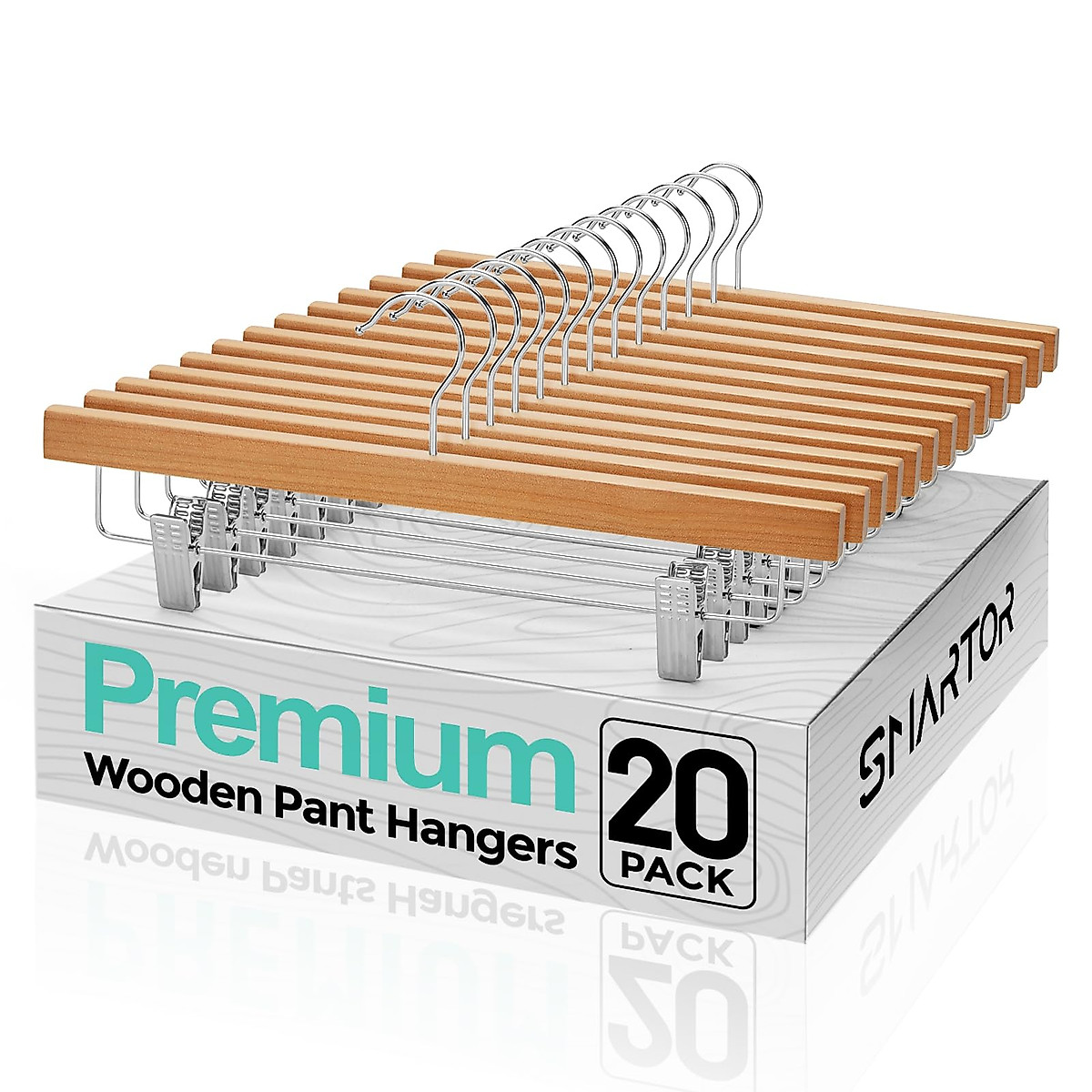 SMARTOR Wood Pants Hangers - 14inch, 20 Pack Skirt Hangers Shorts Hangers with 2-Adjustable Clips, Pants Hanger Wooden as Slack Hanger, Jeans Hangers, Trousers Hangers, Bottom Hangers - Natural