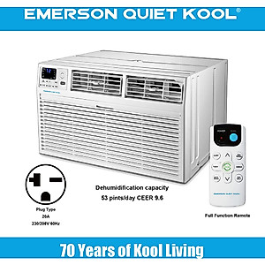 Emerson Quiet Kool 12,000 BTU 230V Through-The-Wall Air Conditioner with Remote Control | 4-in-1 AC, Heater, Dehumidifer, Fan | for Rooms up to 550 Sq.Ft. | 24H Timer | EATE12RD2T, 12000, White