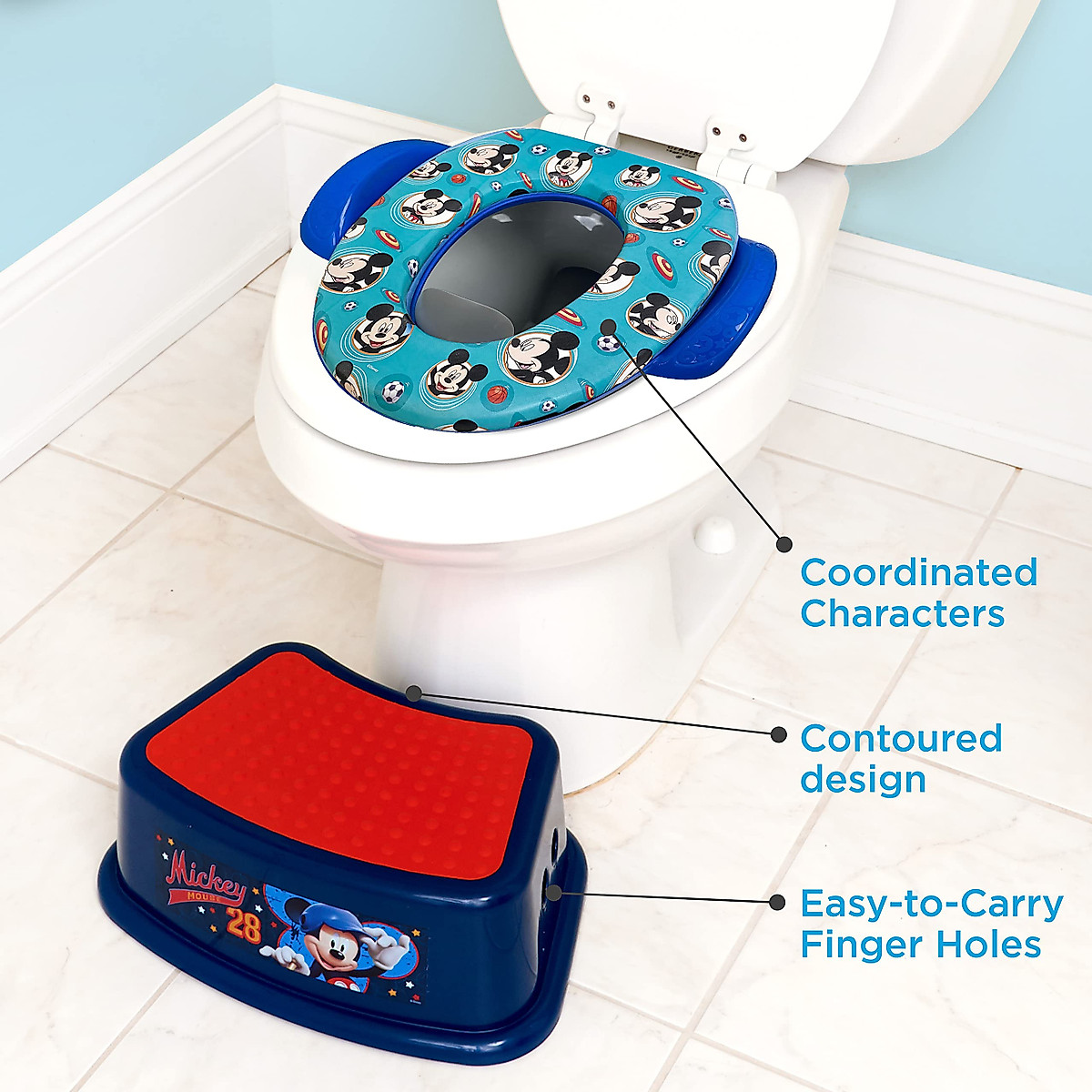 Disney Mickey Mouse 2 Piece Sports Essential Potty Training Set - Soft Potty Seat, Step Stool, 15" D x 11" W x 10" H