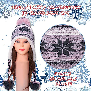 Dosoni Winter Hats for Women Knit Beanie Soft Warm Fleece Lined Long Ear Straps Snow Ski Cap with Pompom Pink