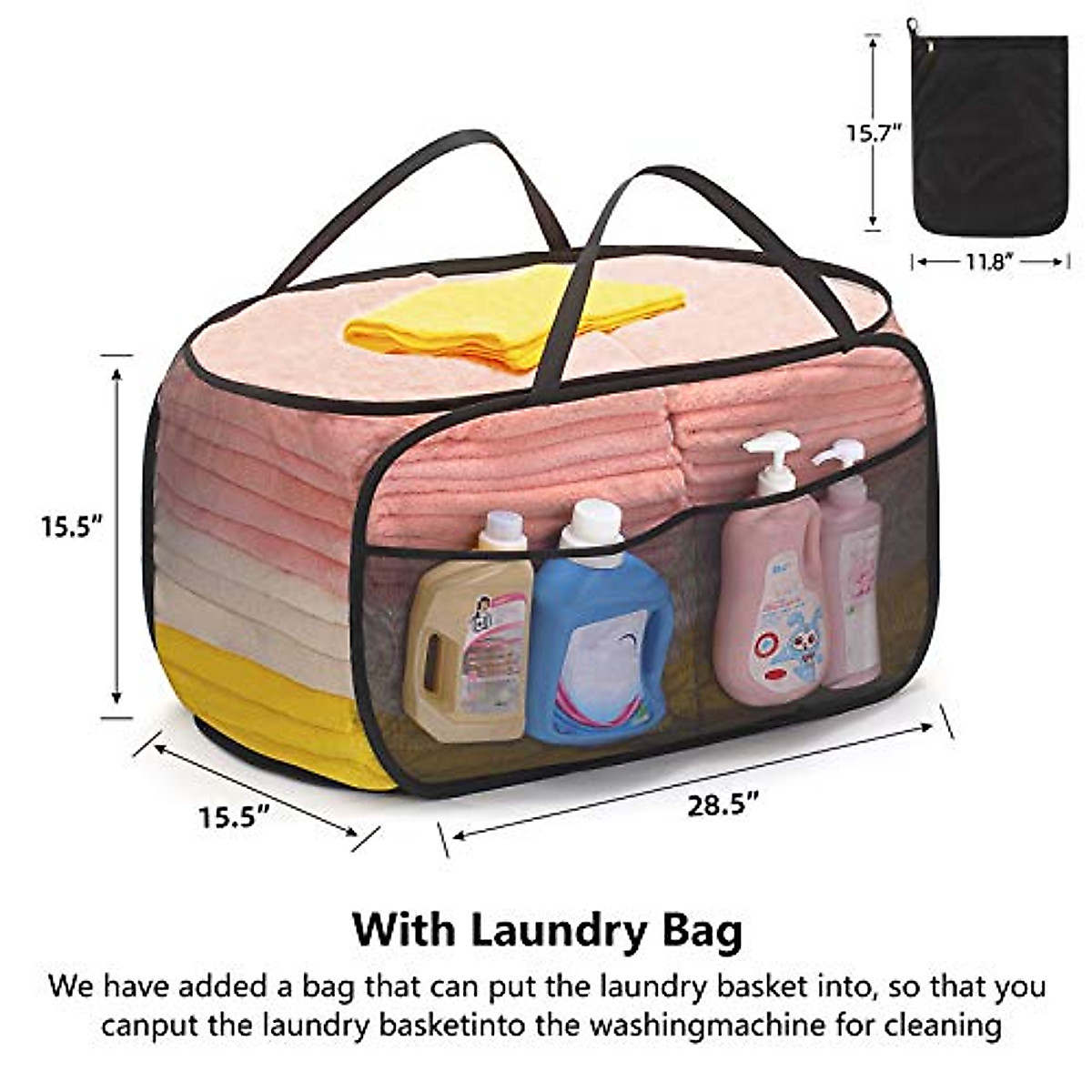 TENRAI Strong Mesh Horizontal Pop Up Laundry Hamper, Easy to Carry Up and Down Stairs. Extra Large Opening Laundry Basket, Easy to Put Clothes in. Use Waterproof and Dustproof Cloth at The Bottom.