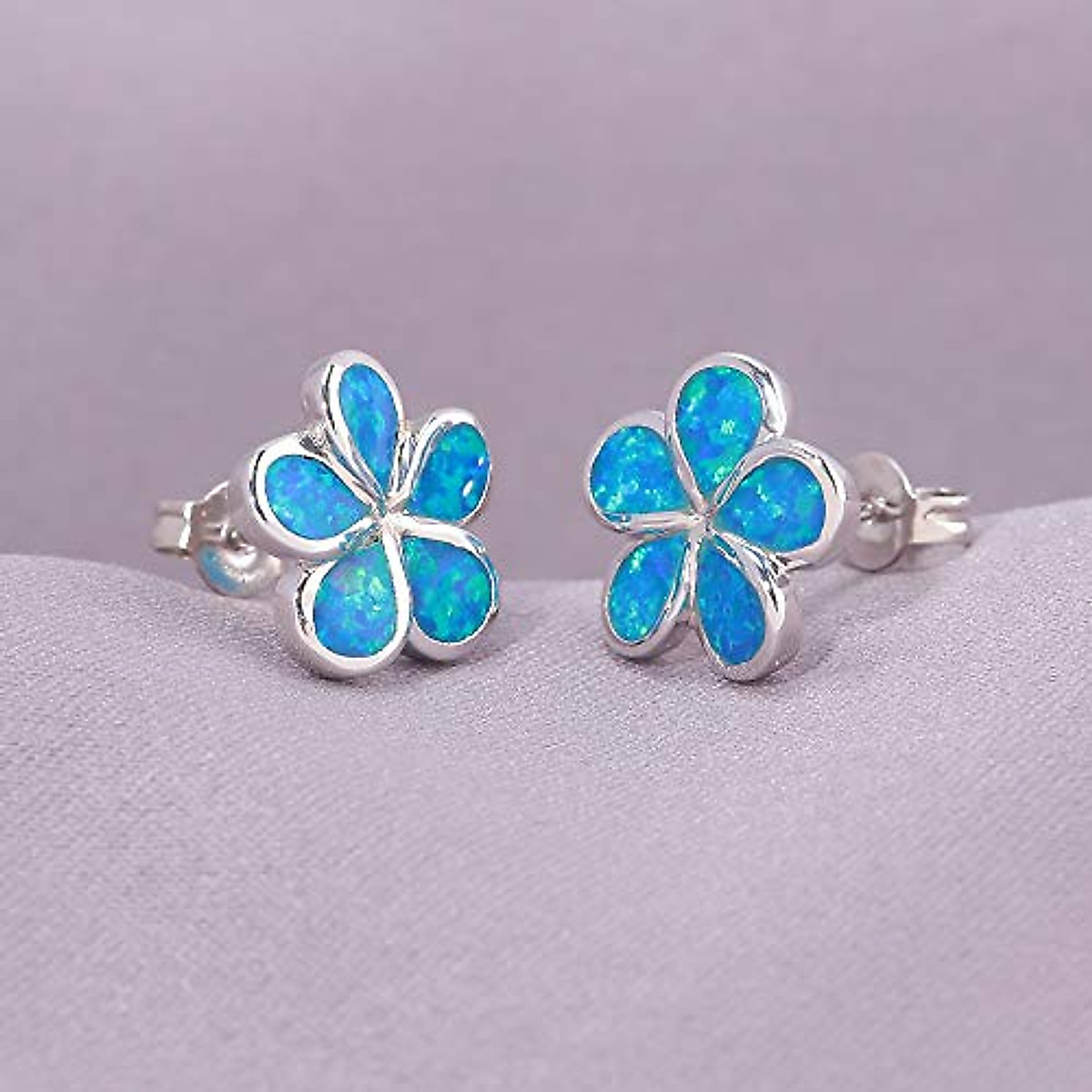 CiNily Flower Stud Earrings,Blue Opal Stud Earrings 14K White Gold Plated Hypoallergenic Flower Earrings Jewelry Gift for mom,Girls,Women