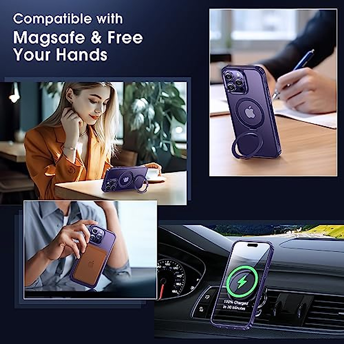 Alphex for iPhone 14 Pro Max Case with Magnetic Invisible Stand, Compatible with MagSafe, Official Color Match for iPhone, Military Grade Shockproof Phone Cover for Women Men, DeepPurple