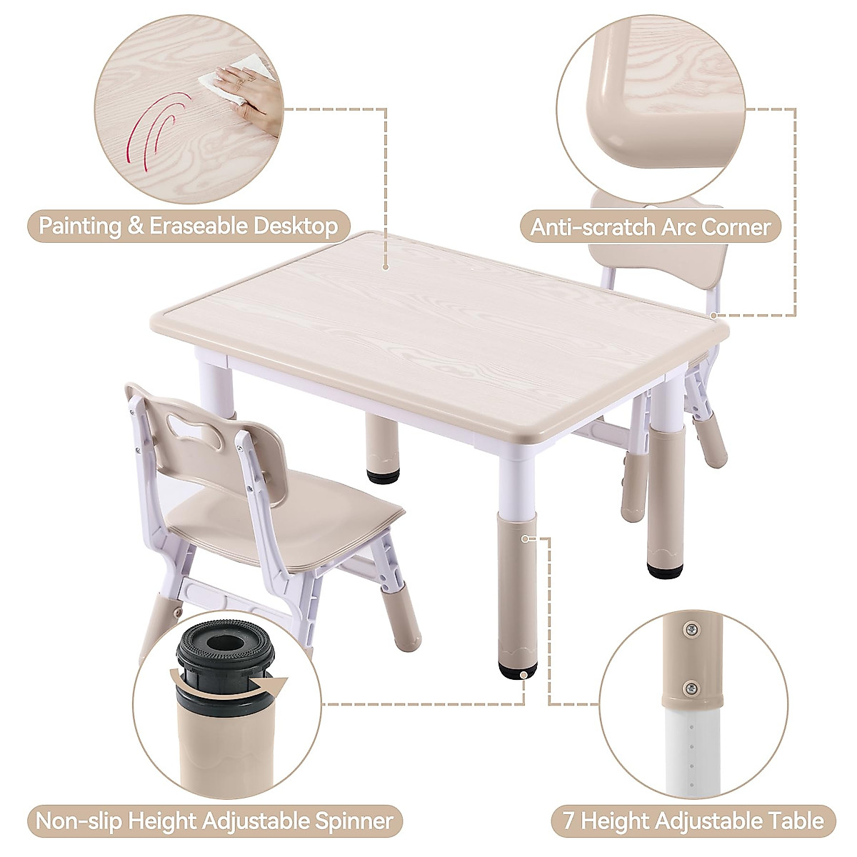 DOREROOM Kids Table and 2 Chairs Set, Height-Adjustable Toddler Table and Chair Set with Graffiti Desktop, 31.5''L x 23.6''W Children Activity Table for Daycare, Classroom, Home