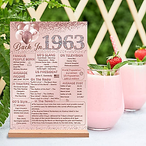 Vlipoeasn Pink 61st Birthday Anniversary Table Decoration 1963 Poster for Women, Rose Gold Back in 1963 Acrylic Table Sign with Wooden Stand, 61 Year Old Birthday Party Centerpieces Gift Supplies