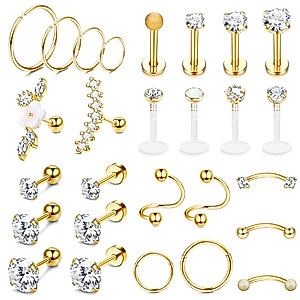 Ubjuliwa 27Pcs 16G Cartilage Earrings Stud Hoop for Women Stainless Steel Forward Helix Piercing Tragus Earrings Conch Piercing Jewelry Gold Tone