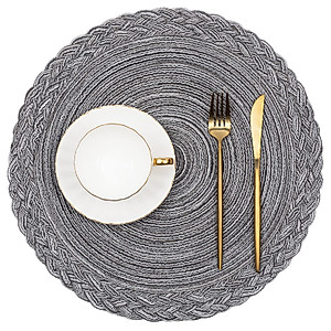 SHACOS Round Placemats Set of 6 Woven Round Table Mats 15 inch Braided Border Washable Cotton Polyester Circle Place Mats, Gray