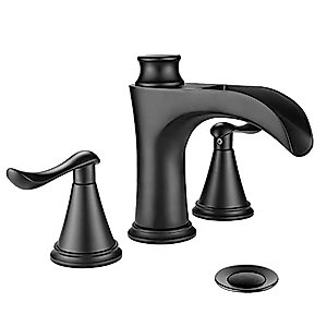 MYHB Bathroom Faucets for Sink 3 Hole Waterfall Black Bathroom Faucets for 8-16 inch Vanity with Pop Up Drain Stopper with Overflow, 3JT8012MB