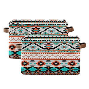 Ethnic Aztec Print Storage Basket Native American Storage Bin Collapsible Retro Tribal Navajo Large Storage Baskets with Leather Handles Storage Cube Box Organizer for Closet Toys Clothes Basket,1PC