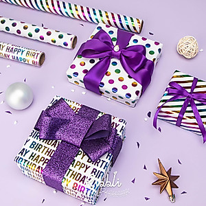 Ribbli Birthday Wrapping Paper 30 Inch Iridescent Gift Wrapping Paper 4 Rolls Happy Birthday Polka Dots Stripes Stars Printed Assortment -120 inch(10feet) Per Roll