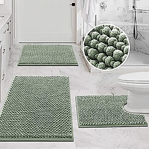 H.VERSAILTEX 3 Pieces Bathroom Rugs Sets Non Slip Extra Absorbent Bath Mat Set for Bathroom with Toilet Rugs for Tub, Shower Washable Carpets Set(17''x24''+20''x32''+20''x24'' U-Shaped, Sage)