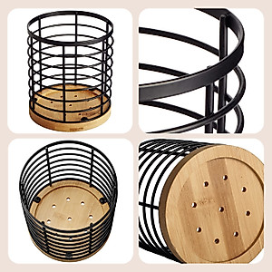 WDT Tool Utensil holder for Kitchen Counter - 5.2" x 5.2" x 6" Large Round Utensils Holder with Wooden Base Matte Black Cooking Utensil Holder，Kitchen countertop Utensil Organizer (Metal+Bamboo)