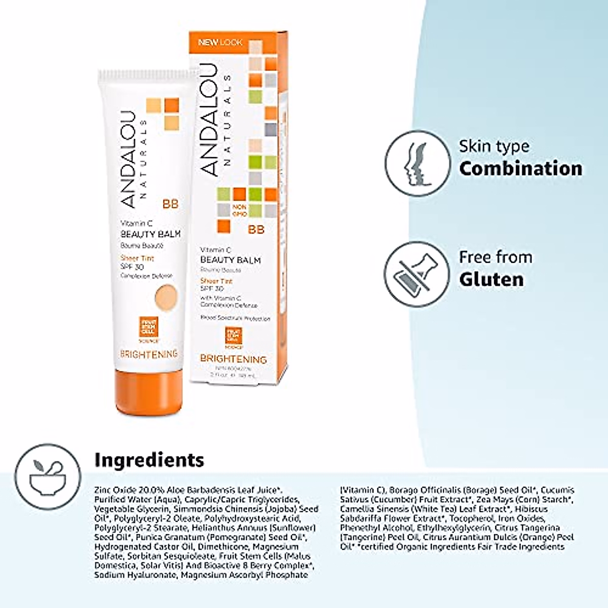 Andalou Naturals Vitamin C BB Beauty Balm Sheer Tint SPF 30, 2-in-1 BB Cream & Face Sunscreen with Broad Spectrum Protection, Mineral Sunscreen with Non-Nano Zinc Oxide, 2 Fl Oz