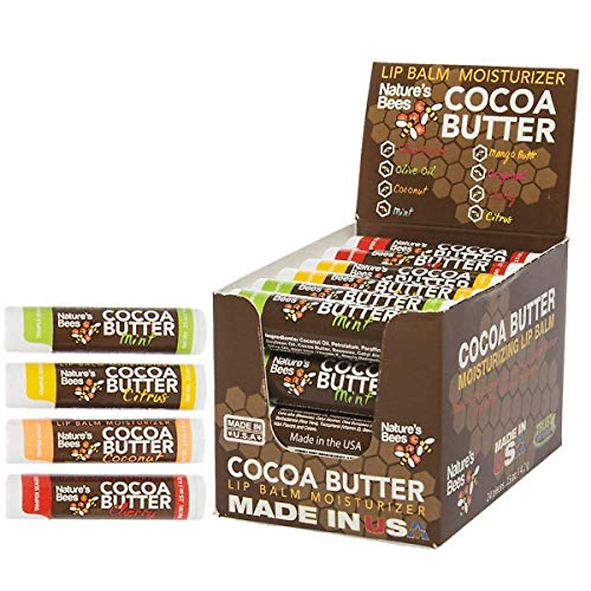 Nature's Bees 24 Pack Cocoa Butter Lip Balm Tubes Moisturizer Chap Treatment (Tropical 4 Flavors, 6 of Each)