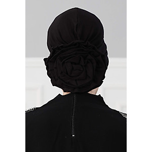 Aisha's Design Instant Turban Head Wraps For Women, 95% Cotton Pretied Hijab Scarves, Rose Detail, Black
