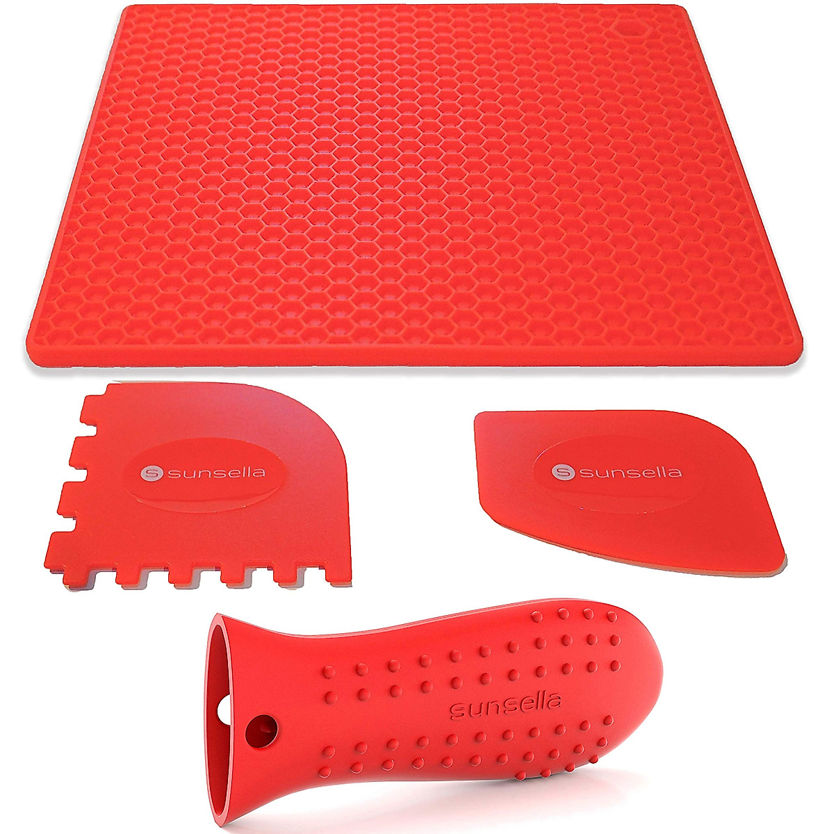 Sunsella Silicone Cast Iron Potholder Set - Hot Handle Holder with 2 x Pan Scrapers & Silicone Hot Pad