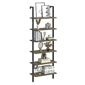 Wolawu Ladder Shelf Black 6 Tiers Modern Bookshelf Room Organizer Open Tall Wall Mount Bookcase Standing Leaning Wall Shelves Industrial Decorative Living Room Bed Room