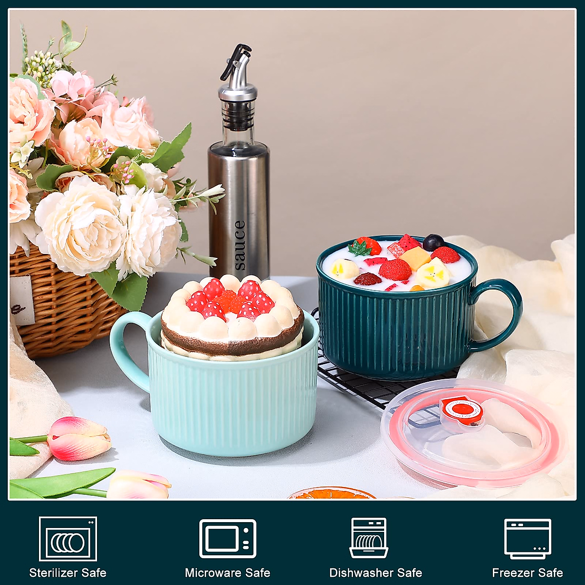 2 Pieces Ceramic Soup Bowls with Handles 30 oz Microwave Safe Bowl with Lid Microwavable Soup Mug with Lid Large Soup Cups for Ramen Noodle Cereal (Blue, Dark Green)