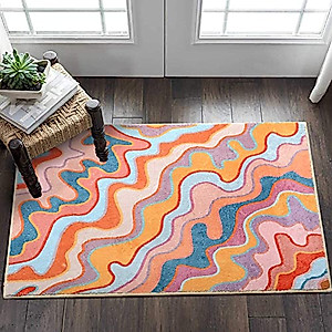 Vintage Abstract Small Area Rug 30"x18" Hippie Aesthetic Colorful Striped Geometric Non-Slip Bathroom Rubber Backed Throw Rug for Kitchen Entryway Indoor Doormat, Orange and Blush