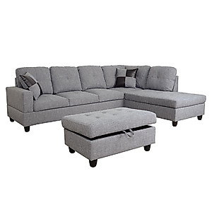 NOTOP 3-Piece Linen Leather L-Shaped Sectional Sofas, Button Tufted Upholstered Couch Set with Left Chaise Longue and Storage Ottoman, for Living Room, Home, Office, Grey