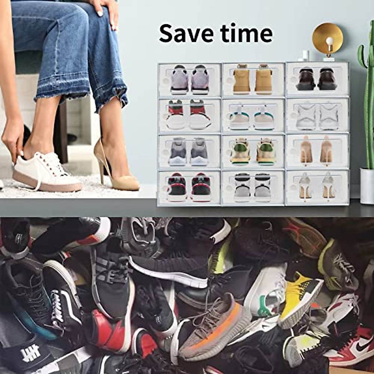 ikaufen 12 Pack Shoe Storage Box, Space Saving Shoe Boxes Clear Plastic Stackable Organizer with Lids for Closet, Foldable Sneaker Containers Bins Holders