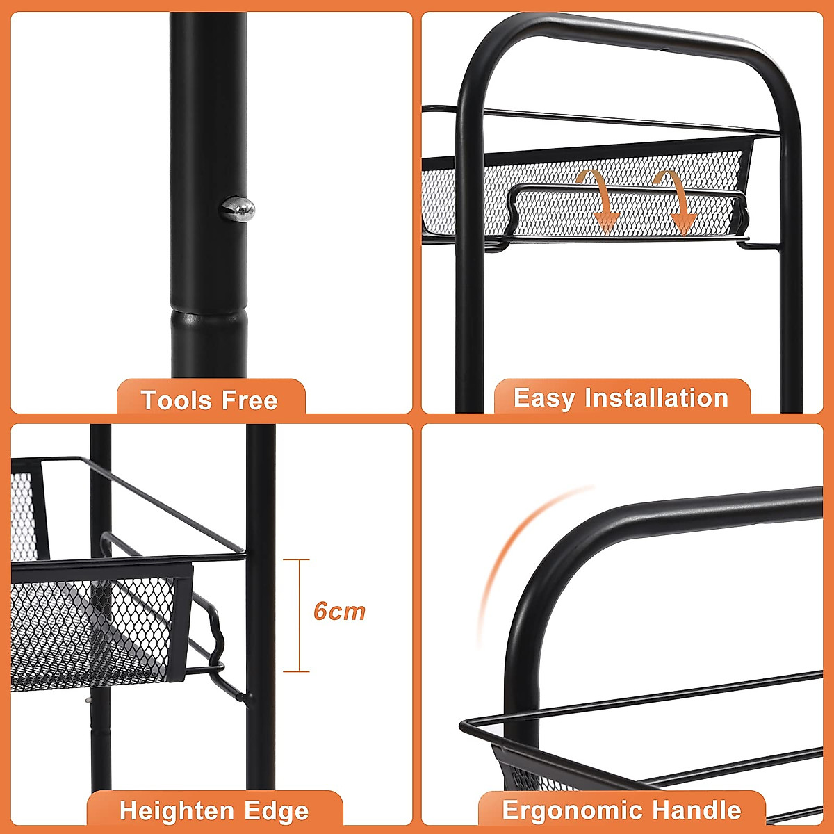 TOOLF 3-Tier Metal Rolling Cart, Mesh Wire Easy Assemble Utility Cart, Storage Trolley on Wheels with 3 Hooks, MetalStorage Shelving Units for Kitchen Bathroom Laundry Room