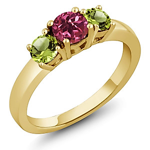 Gem Stone King 18K Yellow Gold Plated Silver Round Pink Tourmaline and Green Peridot Ring For Women (1.10 Cttw, Gemstone Birthstone, Available In Size 5, 6, 7, 8, 9)