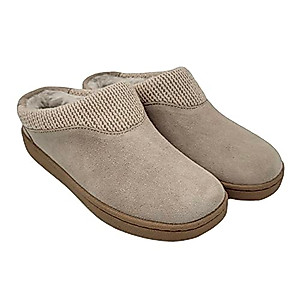 Clarks Womens Suede Slipper JMH2175 With Knit Collar - Soft Plush Faux Fur Lined - Indoor Outdoor House Slippers For Women (9 M US, Natural)
