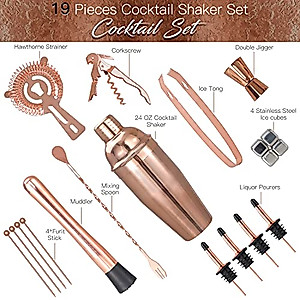 19pcs Cocktail Shaker Set Bartender Kit, 24oz Cocktail Shaker Drink Mixer Rose Gold Stainless Steel Bar Set with Muddler for Cocktails, Cocktail Picks, Mixing Spoon, Strainer, Jigger, Bar Accessories