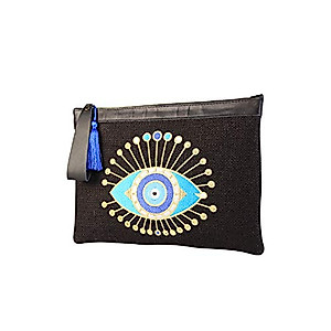 KarensLine Handmade Evil Eye Embroidery Black Jute Clutch Bag Sun Beach Summer Style, Medium
