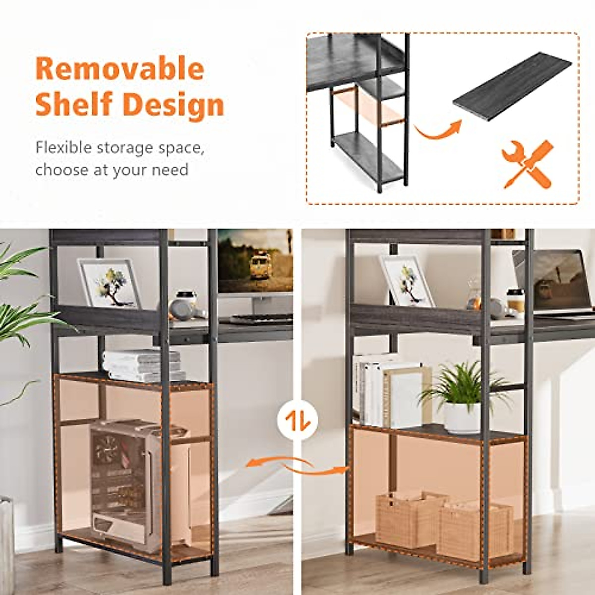 Desk Computer Desk with Shelves, Home Office Desks Table 55 Inch PC Desk Bedroom Desk Work Desk Study Desk Wood Desk with Storage Removable Middle Shelf for Dorm, Student, Gaming