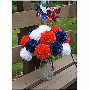 HEARTFEEL 30pcs Patriotic Tissue Paper Pom Pom Silver Navy Blue Red White Tassel Garland Party Decorationsred and blue party decorations (Navy Blue Red Silver White)