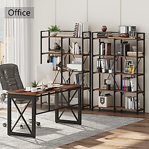 BON AUGURE Industrial Bookshelf, Bookcases and Bookshelves Etagere, Tall Large Farmhouse Book Shelves, 5 Tier Open Bookcase, Wood Metal Shelving Unit for Bedroom, Office (Rustic Oak)