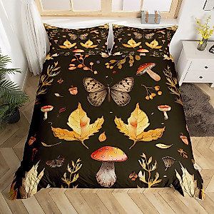 Castle Fairy Fall Theme Duvet Cover Queen Size Mushroom Butterfly Maple Leaves Bedding Comforter Cover 3 Pieces with 2 Pillowcases Botanical Garden Plants Herbs Bedding Set for Men Women Room,Black