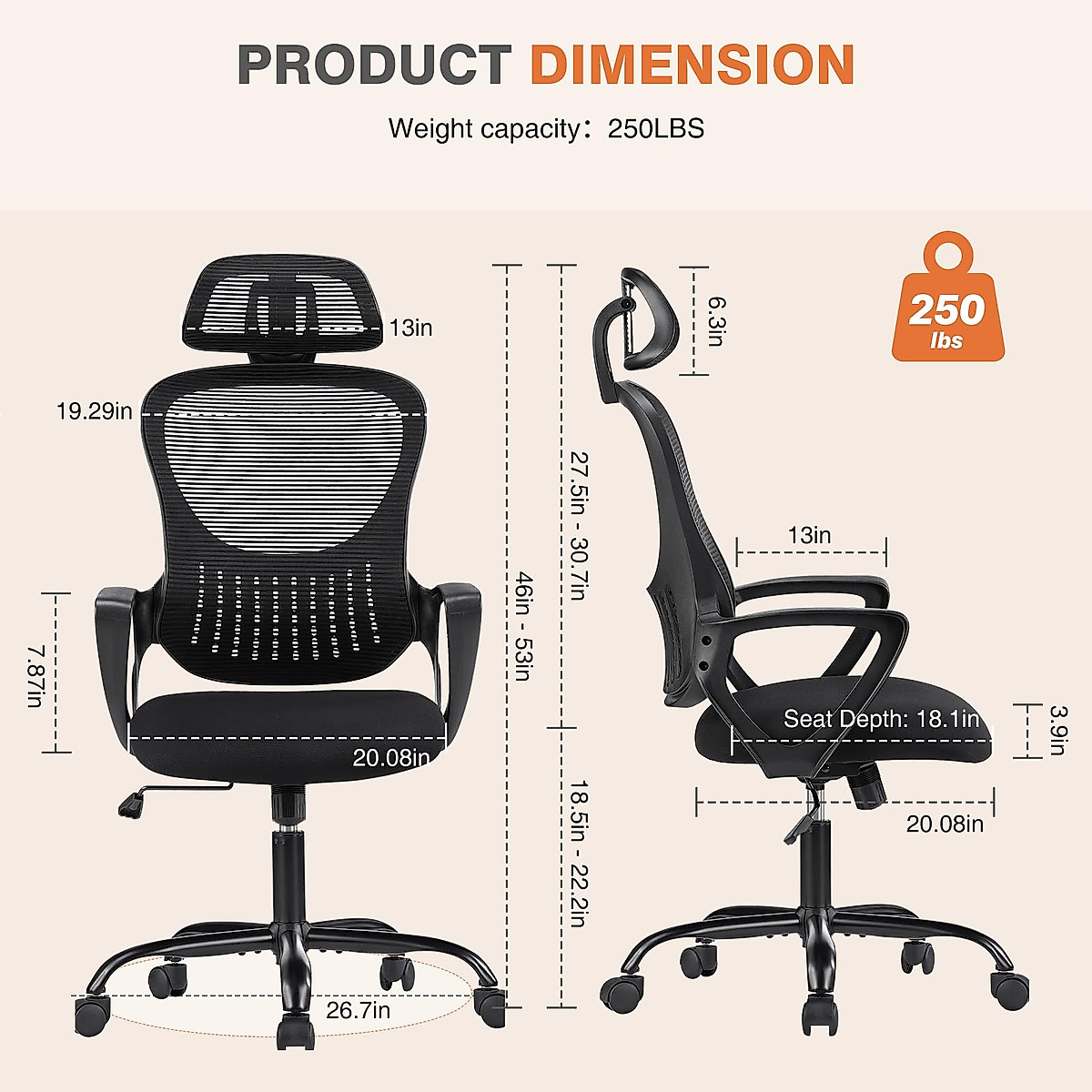 Sweetcrispy Office Computer Desk Chair, Ergonomic High-Back Mesh Rolling Work Chairs with Wheels and Adjustable Headrests, Comfortable Lumbar Support, Comfy Armrest for Home, Bedroom, Study,Black
