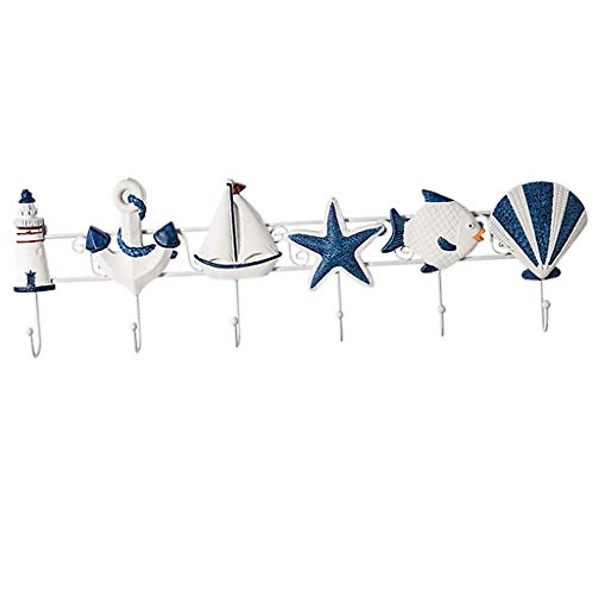 Nautical Themed Coat Hooks Wall Mounted Decorative Fish Sea Star Shell Sailboat Coat Hanger Beach Towel Holder - B