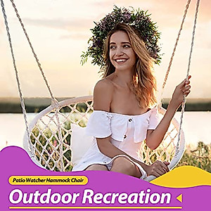 Patio Watcher Hammock Chair Hanging Macrame Swing with Cushion and Hardware Kits, Max 330 Lbs, Handmade Knitted Mesh Rope Swing Chair for Indoor, Outdoor, Bedroom, Patio, Yard, Deck, Garden, Beige
